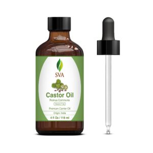 sva castor oil 4 oz (118 ml) premium carrier oil, cold–pressed, hexane free, with dropper for hair care, hair oiling, scalp massage, skin care & massage