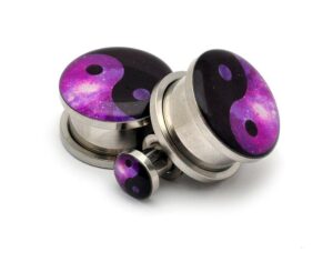 mystic metals body jewelry screw on plugs - galaxy yin yang picture plugs - sold as a pair (1" (25mm))