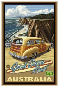 great ocean road australia woody giclee art print poster from travel artwork by artist paul a. lanquist 12" x 18"