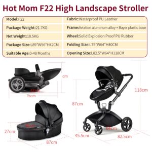 Hot Mom Baby Stroller: Baby Carriage with Adjustable Seat Height Angle and Four-Wheel Shock Absorption,Reversible，High Landscape and Fashional Pram (Black)