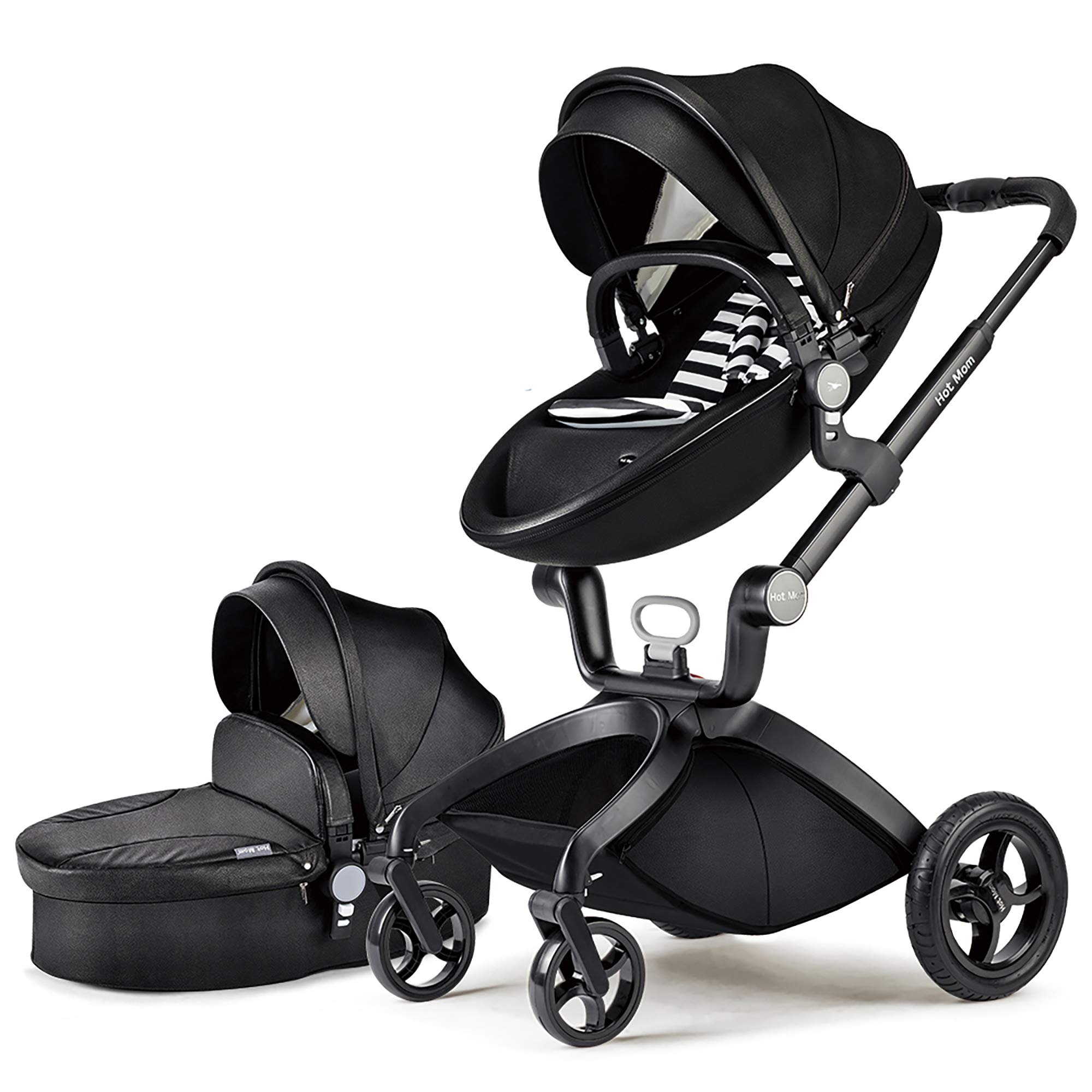 Hot Mom Baby Stroller: Baby Carriage with Adjustable Seat Height Angle and Four-Wheel Shock Absorption,Reversible，High Landscape and Fashional Pram (Black)