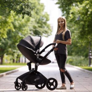 Hot Mom Baby Stroller: Baby Carriage with Adjustable Seat Height Angle and Four-Wheel Shock Absorption,Reversible，High Landscape and Fashional Pram (Black)