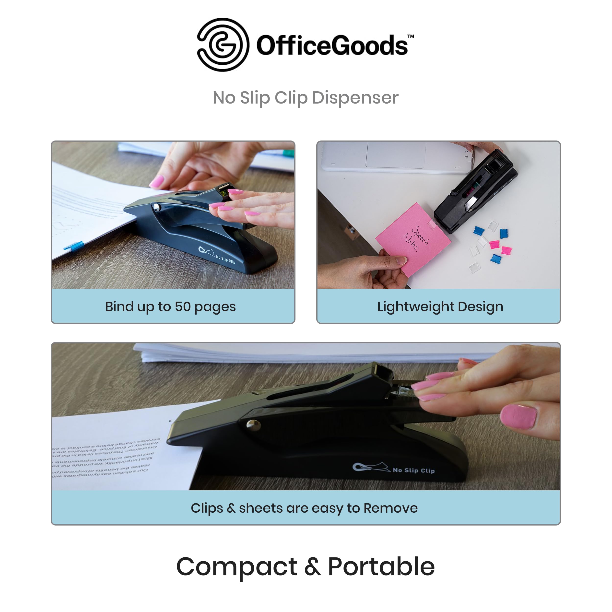 OfficeGoods No Slip Clip Staple Free Stapler - Revolutionary Clasp & Fastener for Documents & Reports - Holds 2 to 50 Pages Perfectly Without Staples - 40 Reusable Clips