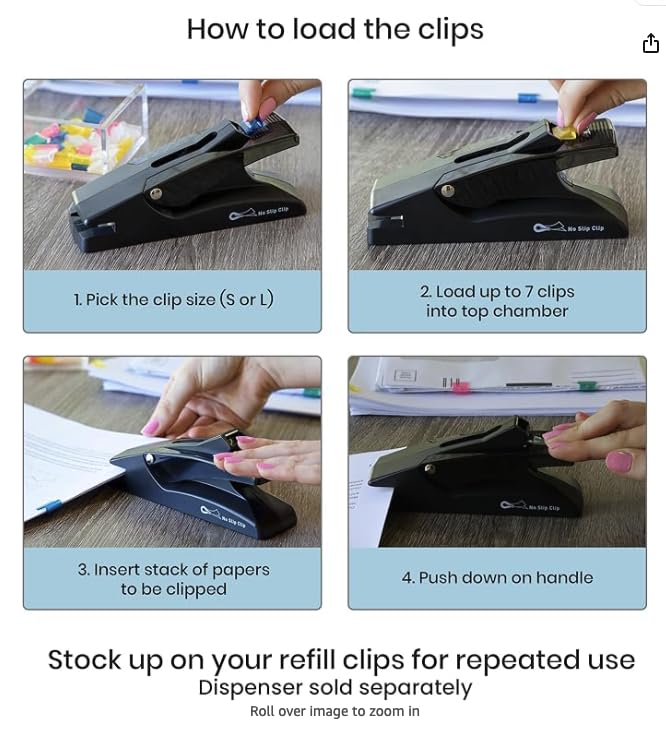 OfficeGoods No Slip Clip Staple Free Stapler - Revolutionary Clasp & Fastener for Documents & Reports - Holds 2 to 50 Pages Perfectly Without Staples - 40 Reusable Clips