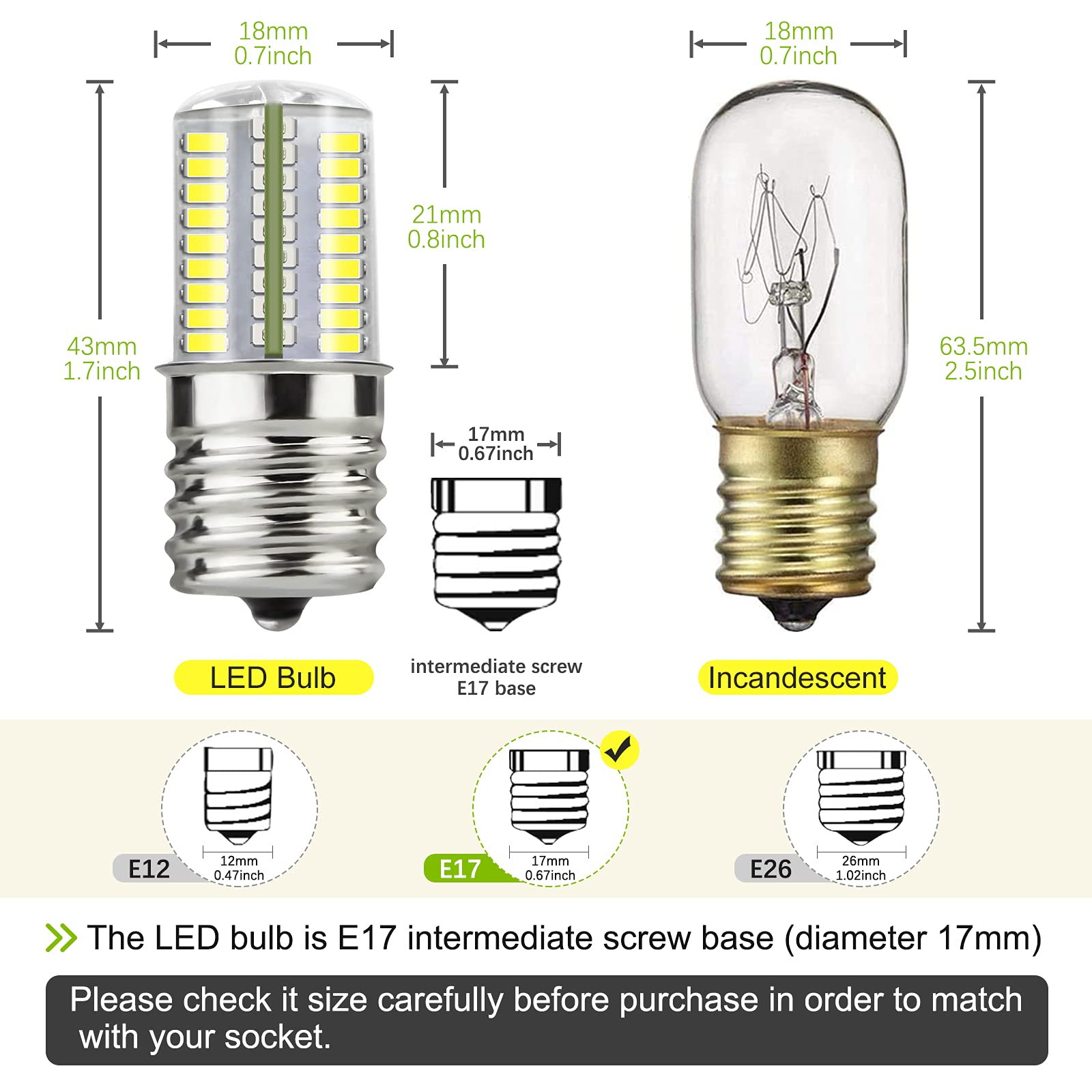 DiCUNO E17 LED Bulb Dimmable, Under Microwave Oven Appliance Light, 4W (30W Incandescent Equivalent), Daylight White 6000K, AC110-130V for Stove Top Lights, Kitchen Lighting (2-Pack)