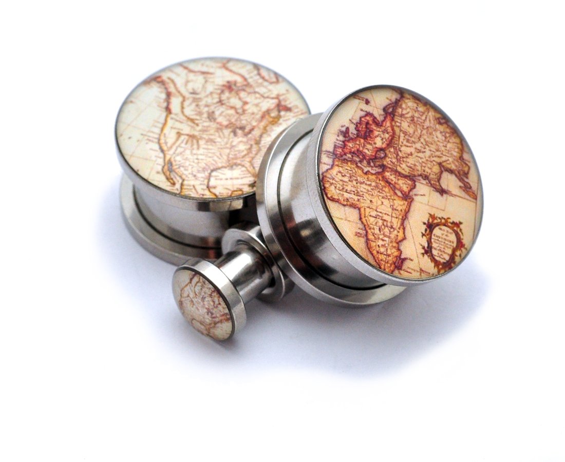 Mystic Metals Body Jewelry Screw on Plugs Antique Map Style 2 Picture Plugs - Sold As a Pair (2g (6mm))