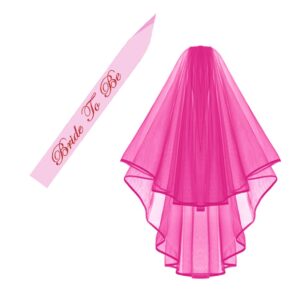 kung fu party hot pink double ribbon edge center cascade bridal wedding veil with comb & bride to be satin sash- bachelorette party decorations supplies