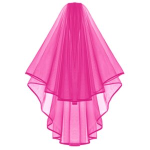 KUNG FU PARTY Hot Pink Double Ribbon Edge Center Cascade Bridal Wedding Veil with Comb & Bride To Be Satin Sash- Bachelorette Party Decorations Supplies