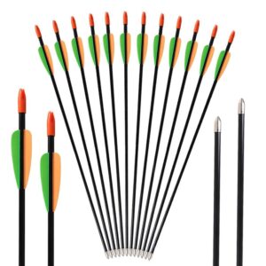 Huntingdoor 28inch/26inch Archery Targeting Arrows Youth Arrows Practice Arrows for Kids Beginner Fiberglass Arrows for Recurve Bow 12 Pack (Black 28inch)