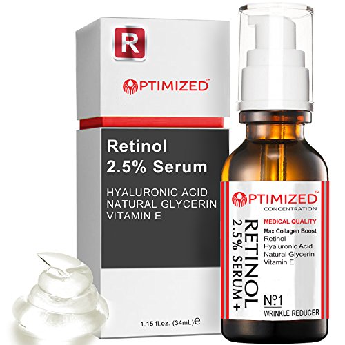 Retinol Serum 2.5% with Hyaluronic Acid, Glycerin, Vitamin E - Reduce Wrinkles, Fine Lines, Even Skin Tone, Sun Spots, Age Spots - Boost Collagen Production 1 fl oz - OPTIMIZED LAB Guaranteed