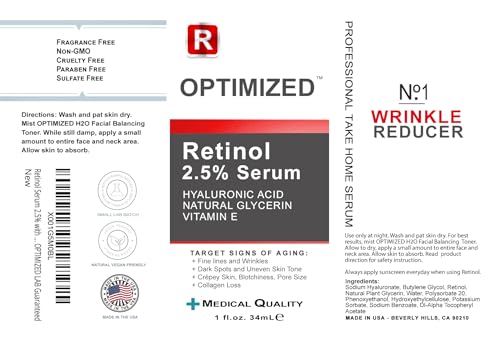 Retinol Serum 2.5% with Hyaluronic Acid, Glycerin, Vitamin E - Reduce Wrinkles, Fine Lines, Even Skin Tone, Sun Spots, Age Spots - Boost Collagen Production 1 fl oz - OPTIMIZED LAB Guaranteed