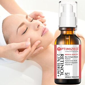 Retinol Serum 2.5% with Hyaluronic Acid, Glycerin, Vitamin E - Reduce Wrinkles, Fine Lines, Even Skin Tone, Sun Spots, Age Spots - Boost Collagen Production 1 fl oz - OPTIMIZED LAB Guaranteed