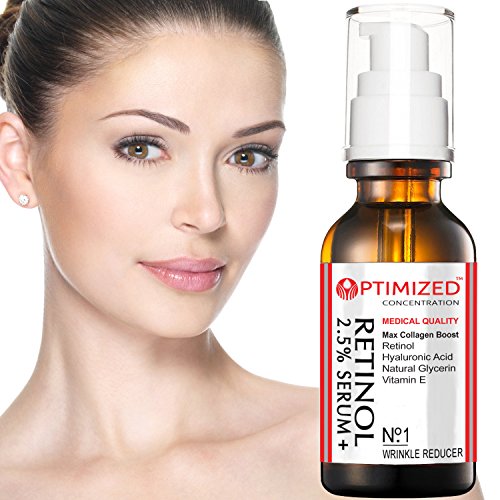 Retinol Serum 2.5% with Hyaluronic Acid, Glycerin, Vitamin E - Reduce Wrinkles, Fine Lines, Even Skin Tone, Sun Spots, Age Spots - Boost Collagen Production 1 fl oz - OPTIMIZED LAB Guaranteed