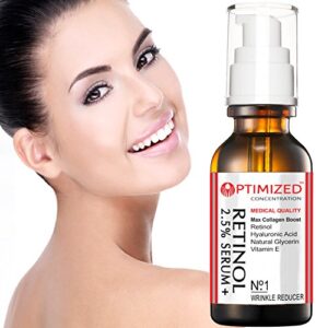 Retinol Serum 2.5% with Hyaluronic Acid, Glycerin, Vitamin E - Reduce Wrinkles, Fine Lines, Even Skin Tone, Sun Spots, Age Spots - Boost Collagen Production 1 fl oz - OPTIMIZED LAB Guaranteed