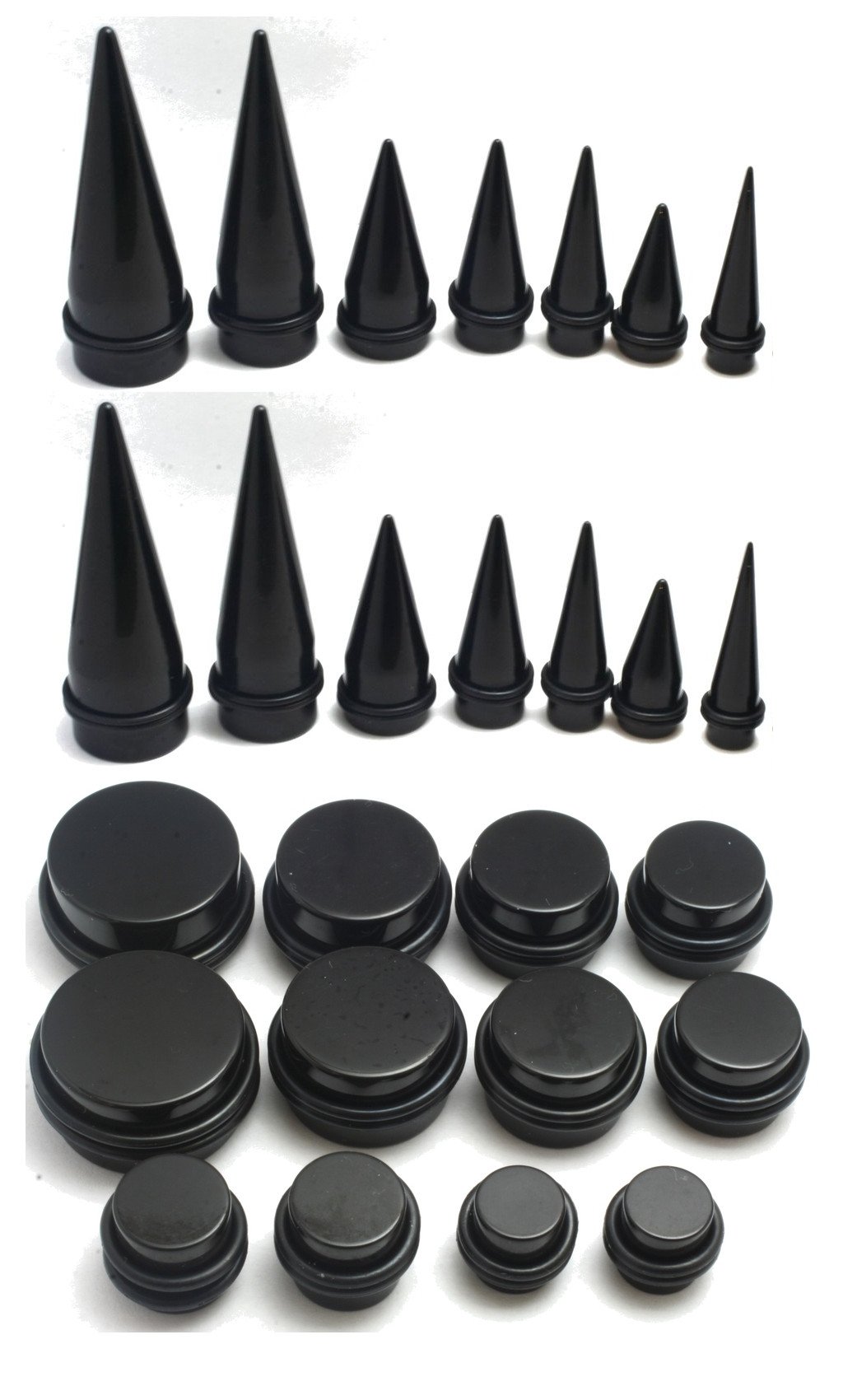 24pc 00g 1/2 9/16 5/8 3/4 7/8 Inch Gauges Ear Stretching Kit Black Tapers and Plugs Plus Instructions