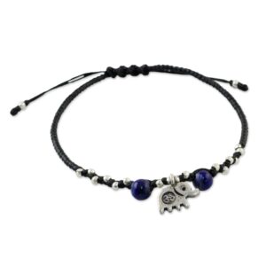 novica artisan handmade lapis lazuli beaded bracelet karen silver elephant fine blue charm thailand hill tribe animal themed buddhism hinduism spiritual [7 in min l x 9.75 in max l 2 mm w pendant(s)]