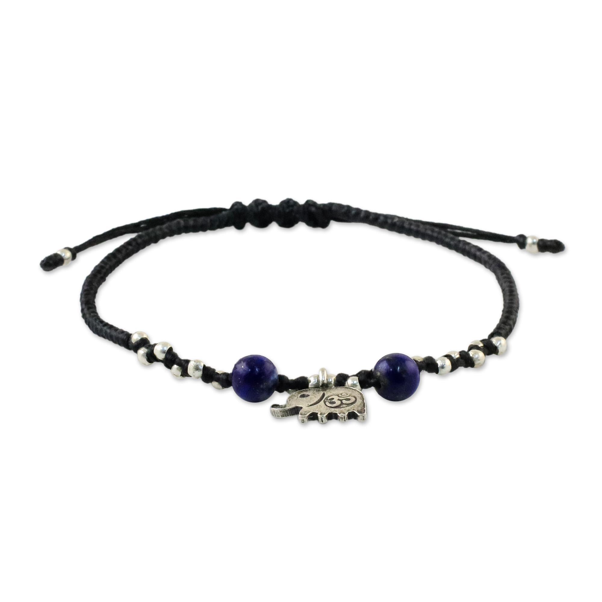 NOVICA Artisan Handmade Lapis Lazuli Beaded Bracelet Karen Silver Elephant Fine Blue Charm Thailand Hill Tribe Animal Themed Buddhism Hinduism Spiritual [7 in min L x 9.75 in max L 2 mm W Pendant(s)]