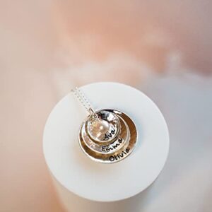 Tripio Personalized Sterling Silver Necklace with 3 Customizable Discs, Hand Finished and Adorned with a Swarovski Pearl. Choice of Sterling Silver Chain. Gifts for Her, Mother, Grandmother, Wife