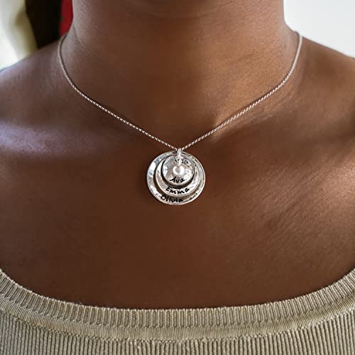 Tripio Personalized Sterling Silver Necklace with 3 Customizable Discs, Hand Finished and Adorned with a Swarovski Pearl. Choice of Sterling Silver Chain. Gifts for Her, Mother, Grandmother, Wife