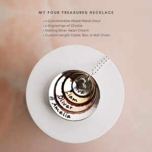 My Four Treasures Personalized Necklace with 4 Customizable Discs in Sterling Silver, 14k Gold Plate and Rose Gold Plate with a 925 Heart Charm