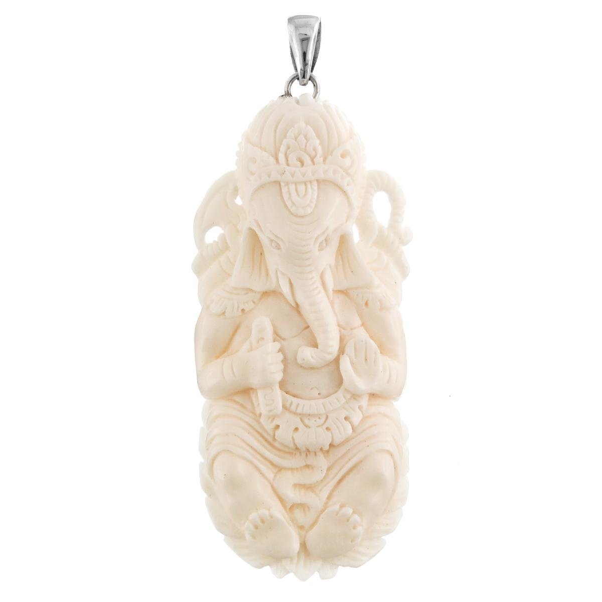 FifiRose Buddha Ganesha God Handcarved Bison Bone 925 Sterling Silver Pendant, 3"