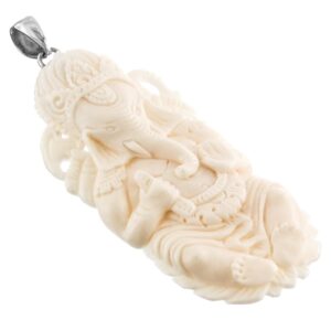 FifiRose Buddha Ganesha God Handcarved Bison Bone 925 Sterling Silver Pendant, 3"