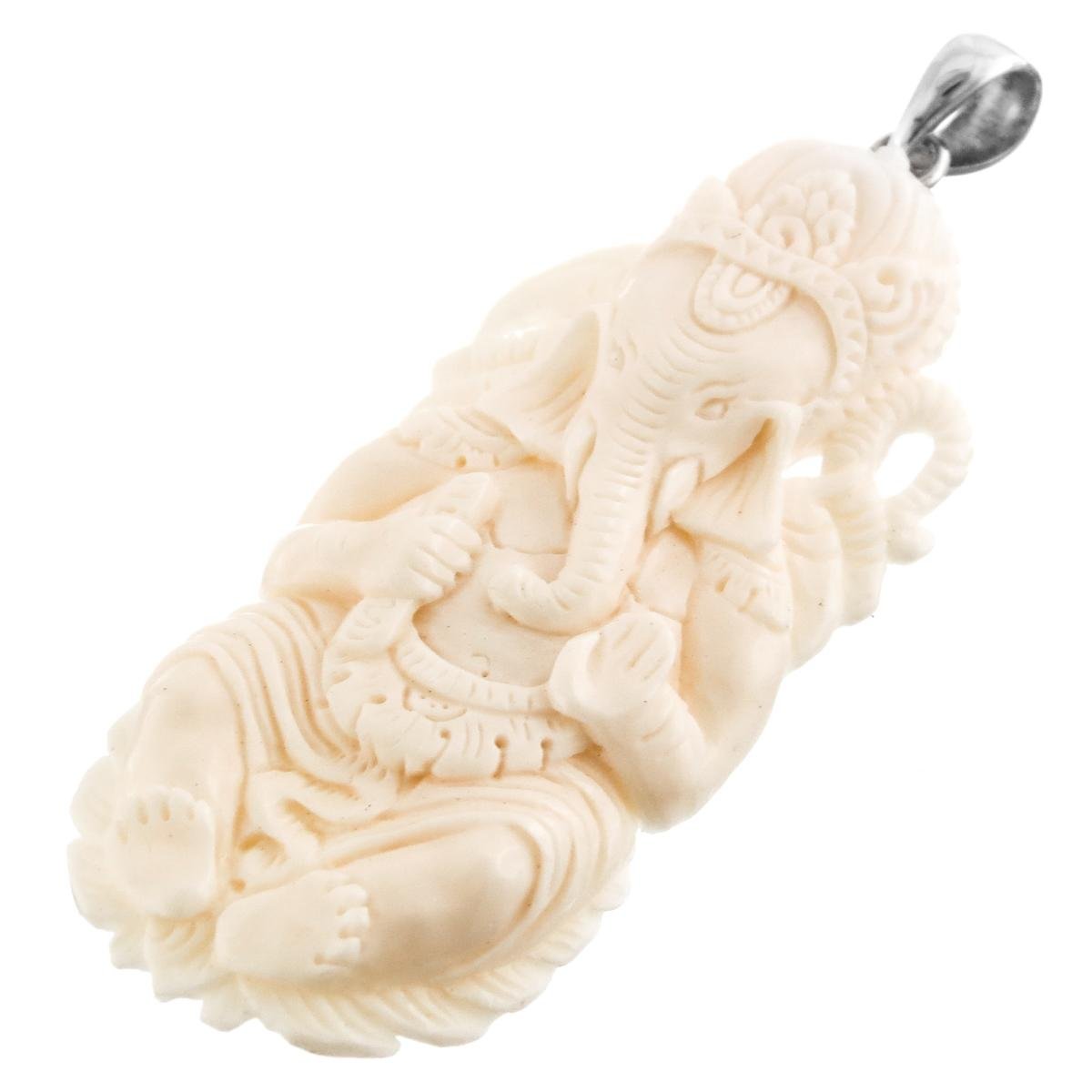 FifiRose Buddha Ganesha God Handcarved Bison Bone 925 Sterling Silver Pendant, 3"