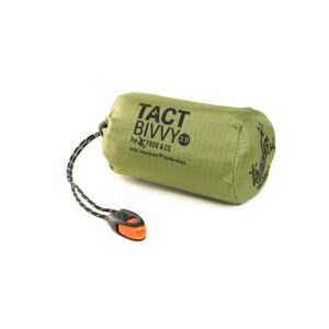 tact bivvy® 2.0 heatecho® emergency sleeping bag, compact ultra lightweight, waterproof, thermal bivy cover, emergency shelter survival kit – w/stuff sack, carabiner, survival whistle + paratinder