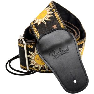 bestsounds c-150 leather adjustable guitar strap, sun jacquard weave for bass electric and acoustic guitars, black