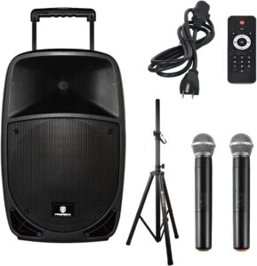 proreck freedom 12 portable wireless 12-inch 500 watt powered dj/pa speaker karaoke system with bluetooth/usb drive read/sd card reader/fm/remote control/wireless microphones (12 inch speaker)