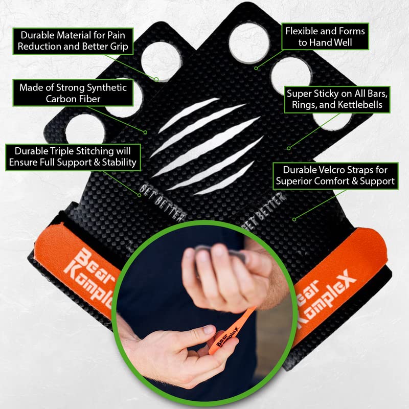 Bear KompleX 2 and 3 Hole Carbon Hand Grips for Crossfit Workouts, Pull-ups, Weightlifting, WOD Gymnastics, Crosstraining Palm Grips with Wrist Wraps, Hand Protection from Rips and Blisters,1 Pair