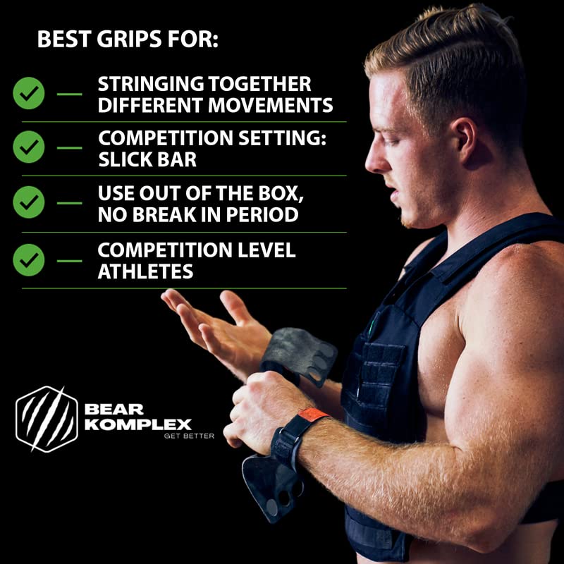 Bear KompleX 2 and 3 Hole Carbon Hand Grips for Crossfit Workouts, Pull-ups, Weightlifting, WOD Gymnastics, Crosstraining Palm Grips with Wrist Wraps, Hand Protection from Rips and Blisters,1 Pair