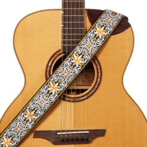 amumu hootenanny embroidery guitar strap yellow cotton for acoustic, electric and bass guitars with strap blocks & headstock strap tie - 2" wide