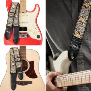 AMUMU Hootenanny Embroidery Guitar Strap Yellow Cotton for Acoustic, Electric and Bass Guitars with Strap Blocks & Headstock Strap Tie - 2" Wide