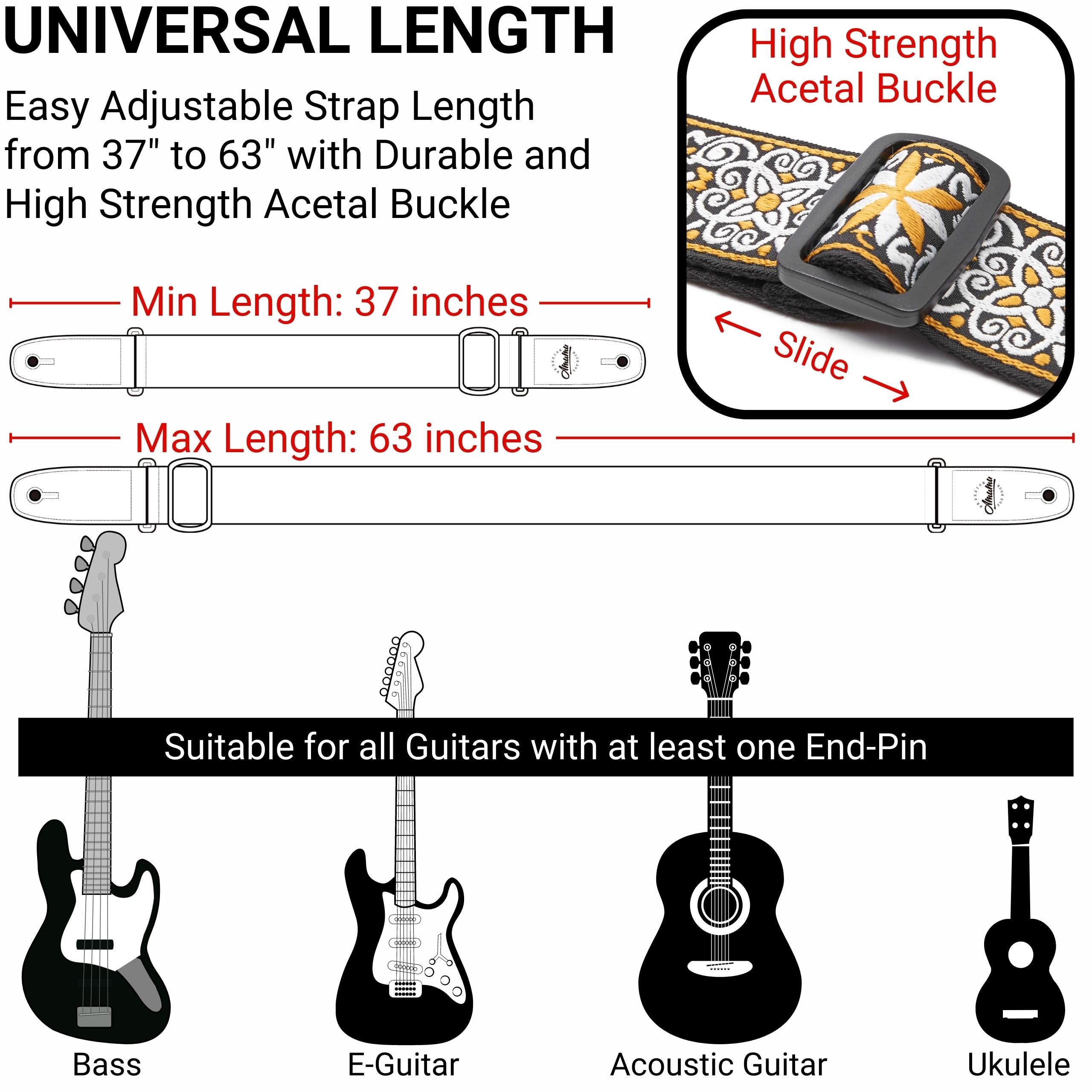 AMUMU Hootenanny Embroidery Guitar Strap Yellow Cotton for Acoustic, Electric and Bass Guitars with Strap Blocks & Headstock Strap Tie - 2" Wide