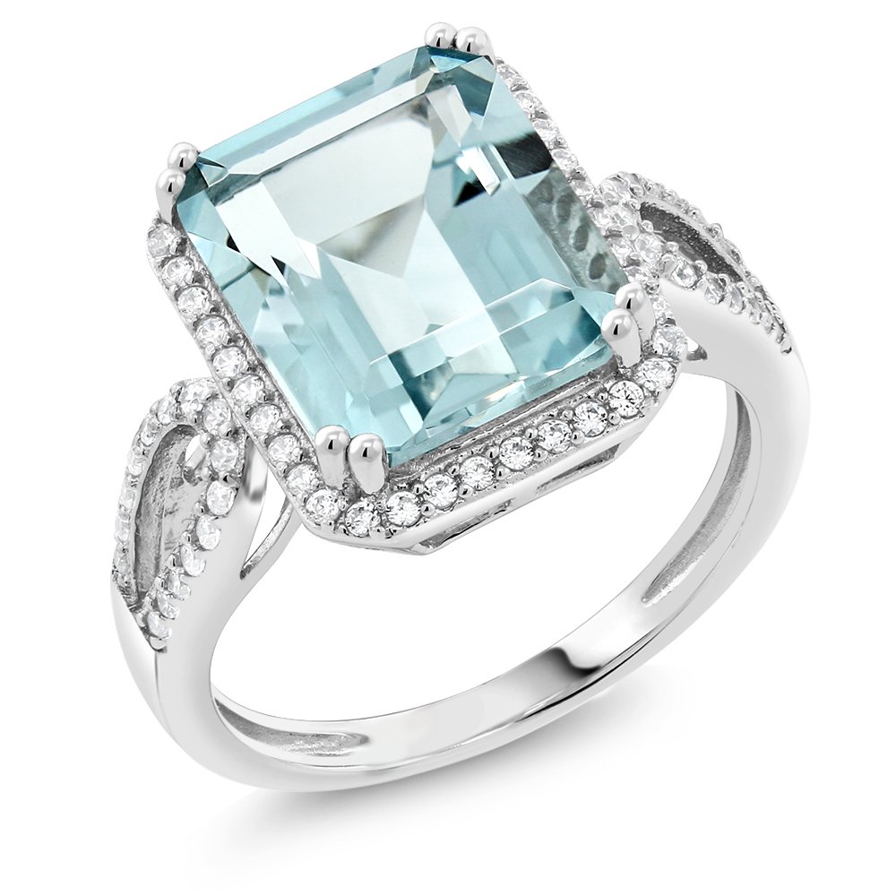 Gem Stone King 925 Sterling Silver Simulated Aquamarine Ring For Women (5.00 Cttw, Emerald Cut 12X10MM, Available In Size 5,6,7,8,9)