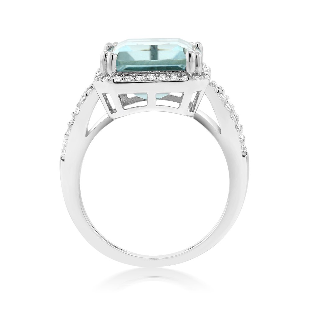 Gem Stone King 925 Sterling Silver Simulated Aquamarine Ring For Women (5.00 Cttw, Emerald Cut 12X10MM, Available In Size 5,6,7,8,9)