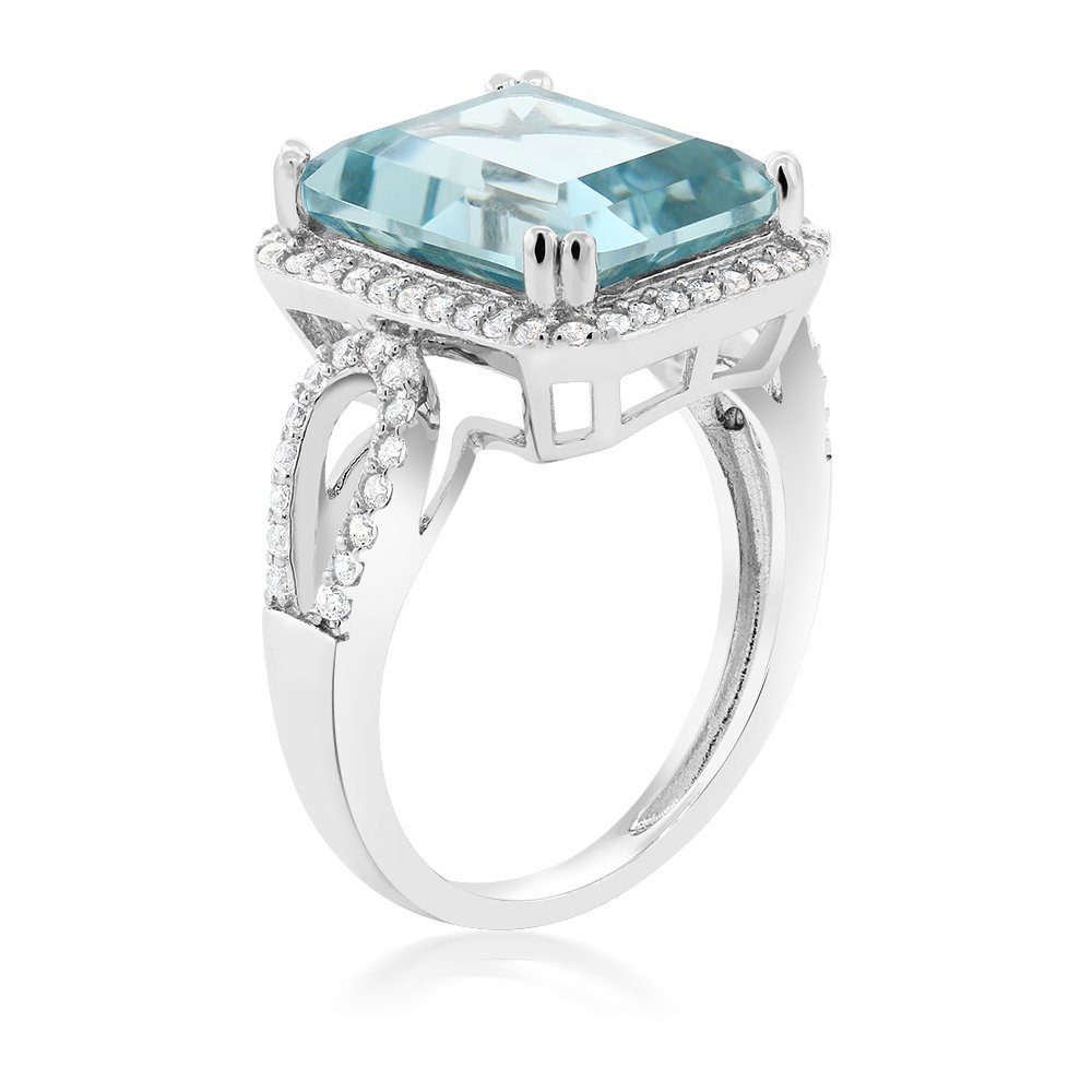 Gem Stone King 925 Sterling Silver Simulated Aquamarine Ring For Women (5.00 Cttw, Emerald Cut 12X10MM, Available In Size 5,6,7,8,9)