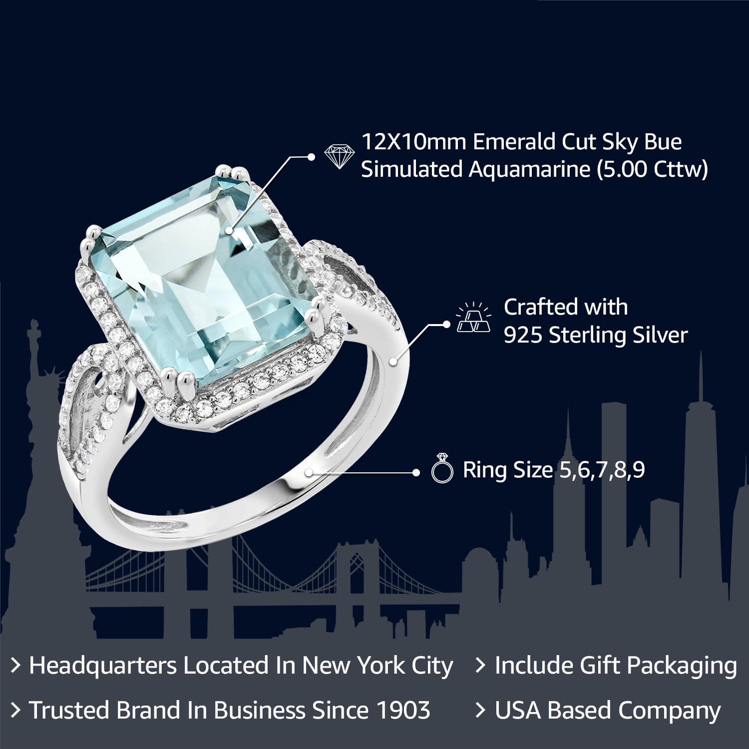 Gem Stone King 925 Sterling Silver Simulated Aquamarine Ring For Women (5.00 Cttw, Emerald Cut 12X10MM, Available In Size 5,6,7,8,9)