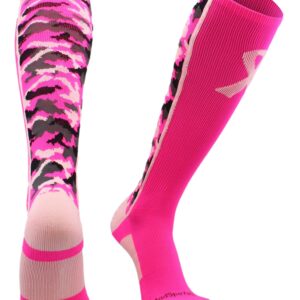 MadSportsStuff Pink Ribbon Awareness Camo OTC Socks (Neon Pink/Pale Pink, X-Large)