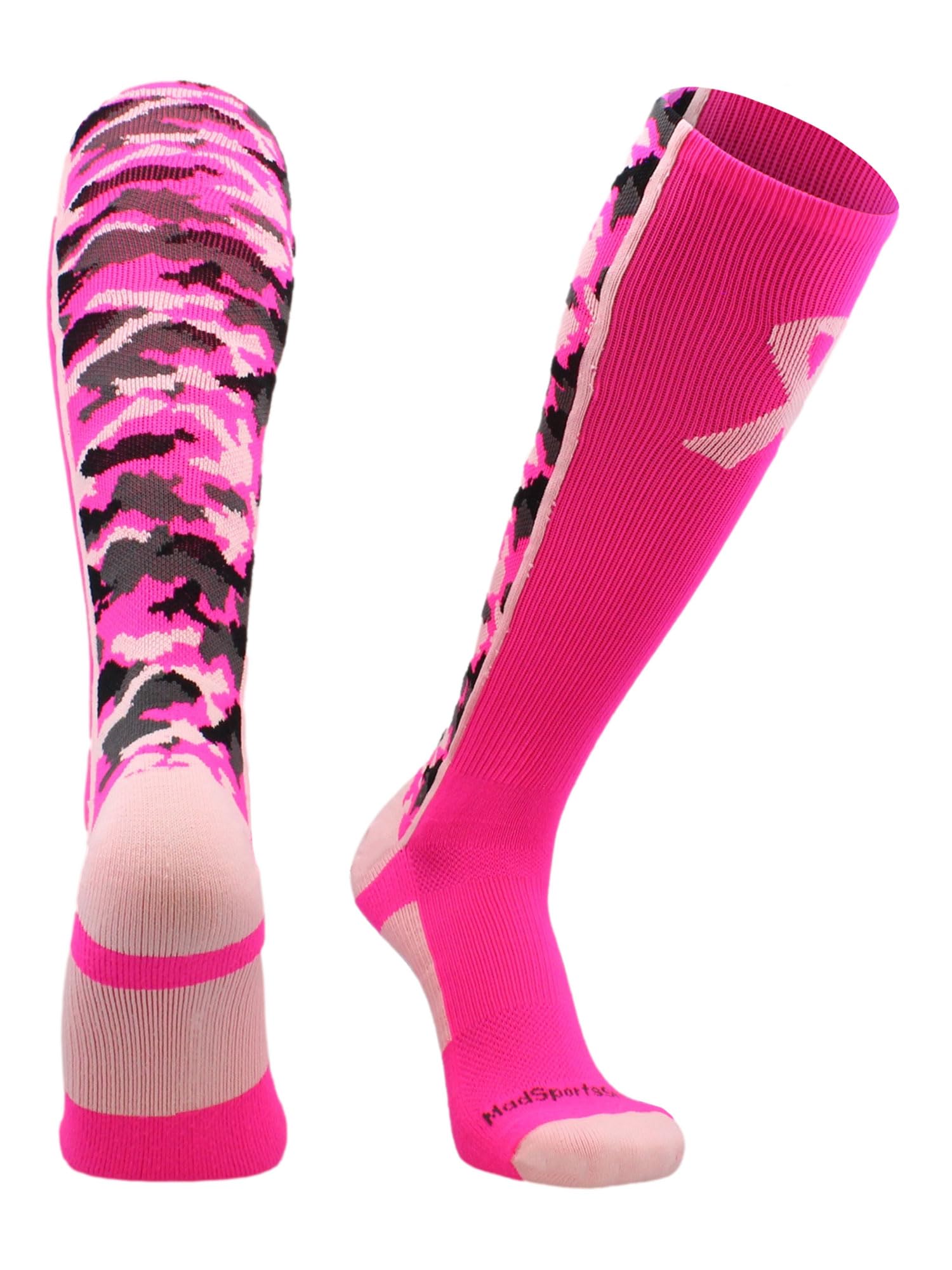 MadSportsStuff Pink Ribbon Awareness Camo OTC Socks (Neon Pink/Pale Pink, X-Large)