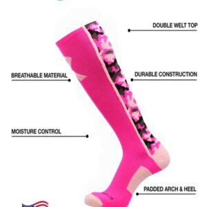 MadSportsStuff Pink Ribbon Awareness Camo OTC Socks (Neon Pink/Pale Pink, X-Large)