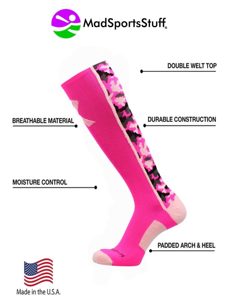 MadSportsStuff Pink Ribbon Awareness Camo OTC Socks (Neon Pink/Pale Pink, X-Large)