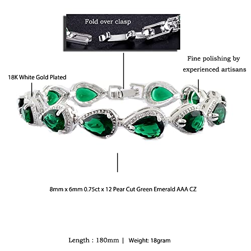 RIZILIA Tennis Bracelet & Pear Cut CZ [Simulated Green Emerald] in White Gold Plated, 7"