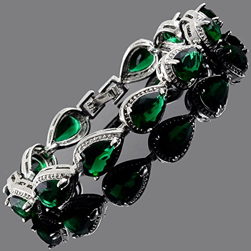 RIZILIA Tennis Bracelet & Pear Cut CZ [Simulated Green Emerald] in White Gold Plated, 7"