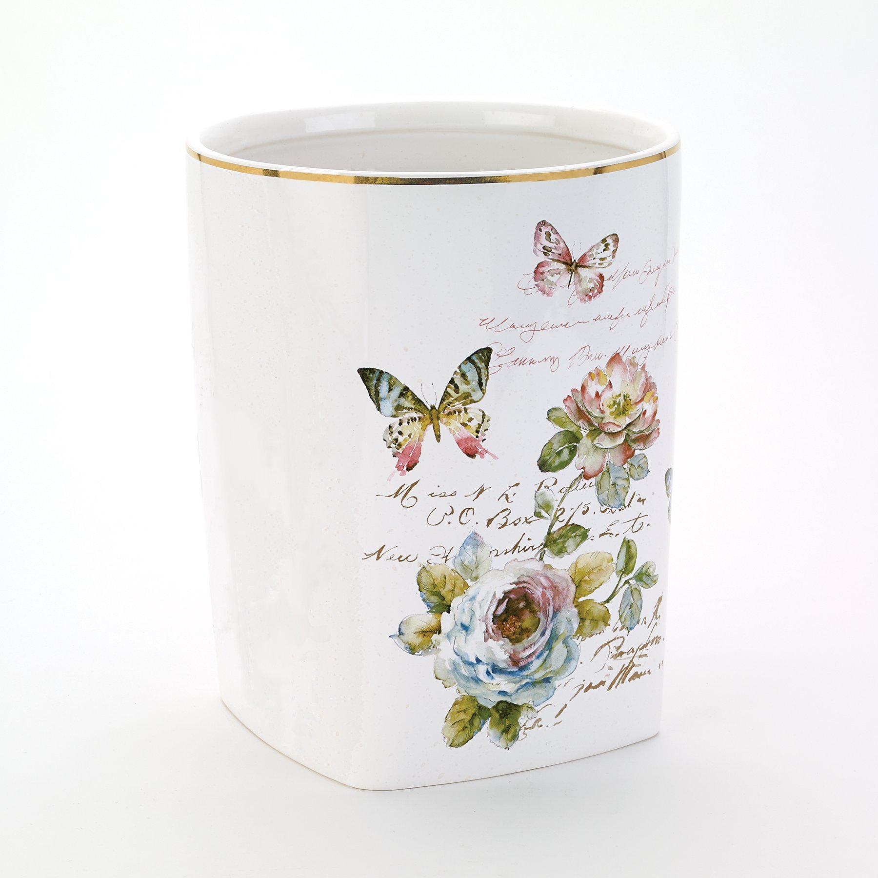 Avanti Linens - Wastebasket, Decorative Trash Can, Butterfly Inspired Home Decor (Butterfly Garden Collection),White