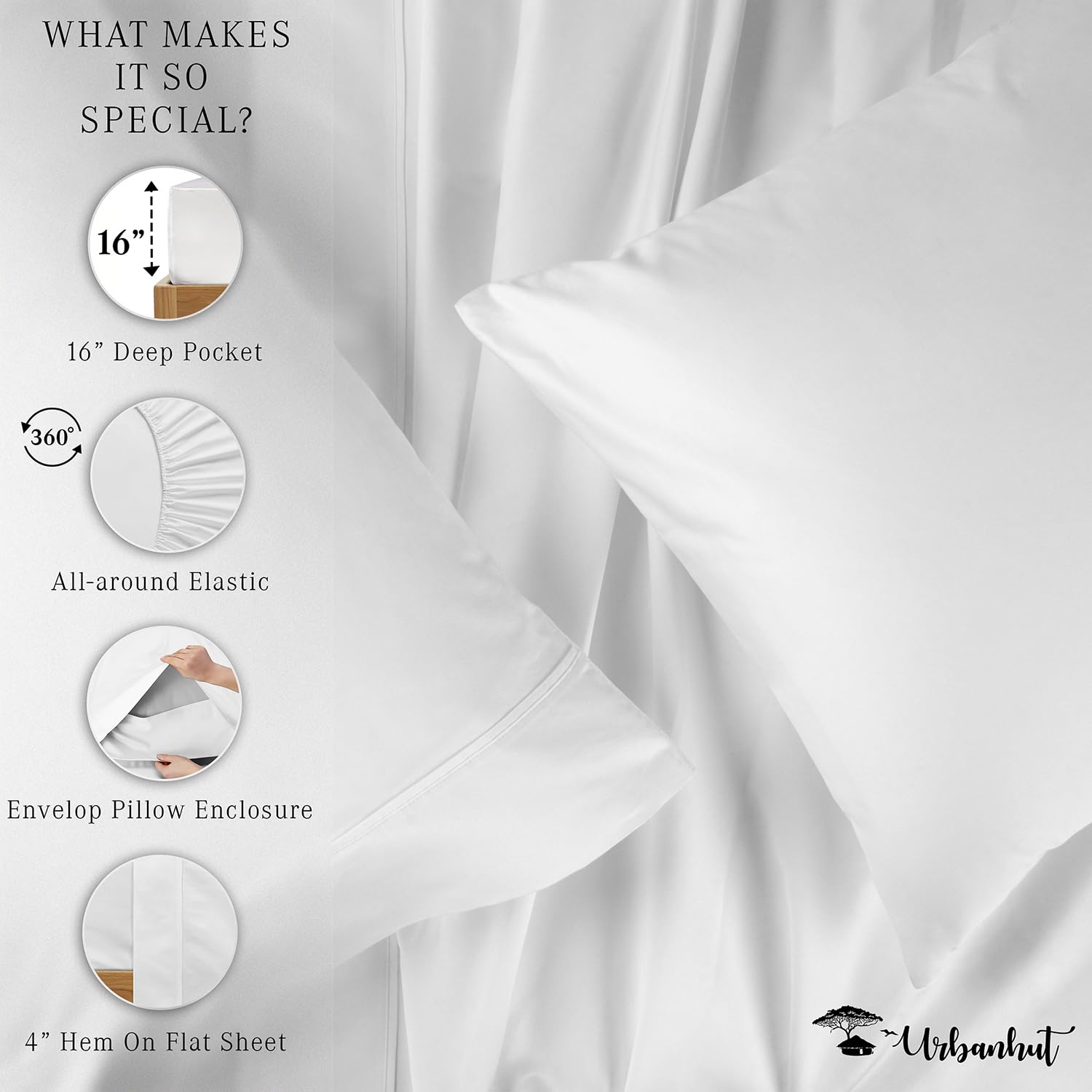 URBANHUT 800 Thread Count Egyptian Cotton Sheets King Size, Long Staple Bed Sheets, 4 Pc Bed Sheet Sets for King Size Bedding, Sateen Weave Luxury Hotel Bed Sheets Fits 16" Deep Pocket - White