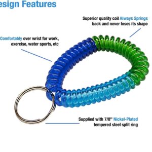 Lucky Line 2” Spiral Wrist Coil with Steel Key Ring, Multi-Color Flexible Wrist, Band Key Chain Bracelet, Stretches to 12”, Blue, Dark Blue,Green 1 PK (4103341)