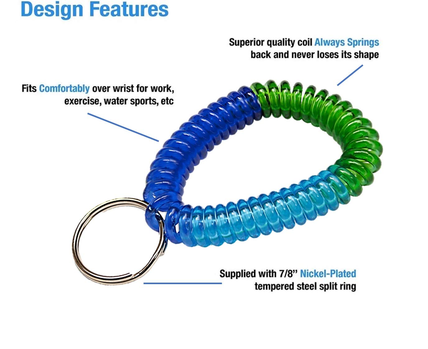 Lucky Line 2” Spiral Wrist Coil with Steel Key Ring, Multi-Color Flexible Wrist, Band Key Chain Bracelet, Stretches to 12”, Blue, Dark Blue,Green 1 PK (4103341)