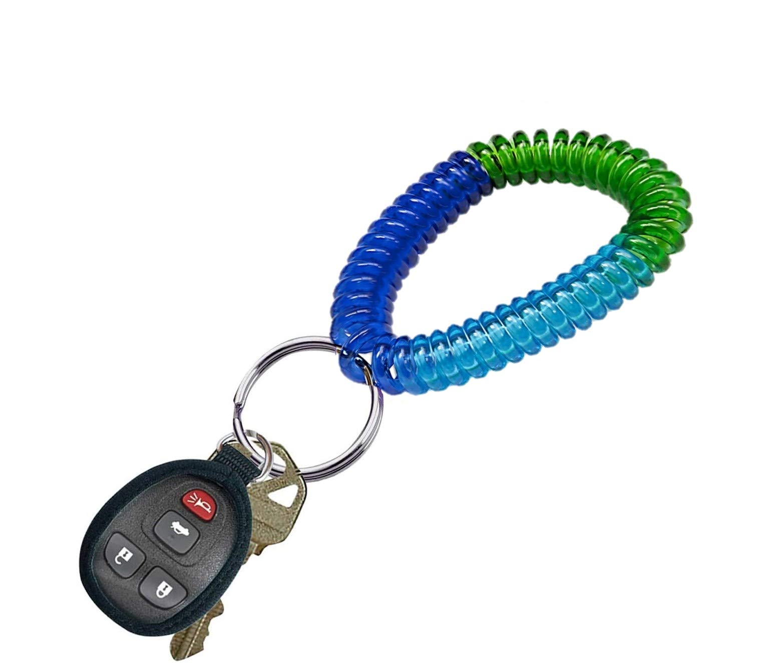 Lucky Line 2” Spiral Wrist Coil with Steel Key Ring, Multi-Color Flexible Wrist, Band Key Chain Bracelet, Stretches to 12”, Blue, Dark Blue,Green 1 PK (4103341)